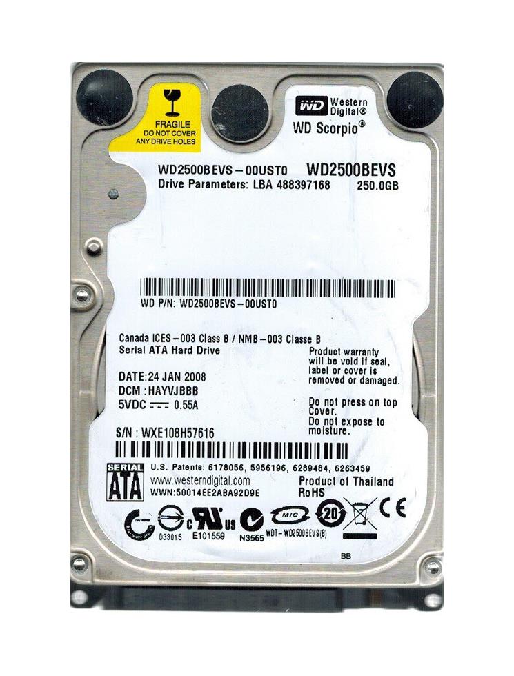 WD2500BEVS-00UST0 Western Digital Scorpio 250GB SATA 1.5 Gbps Hard Drive