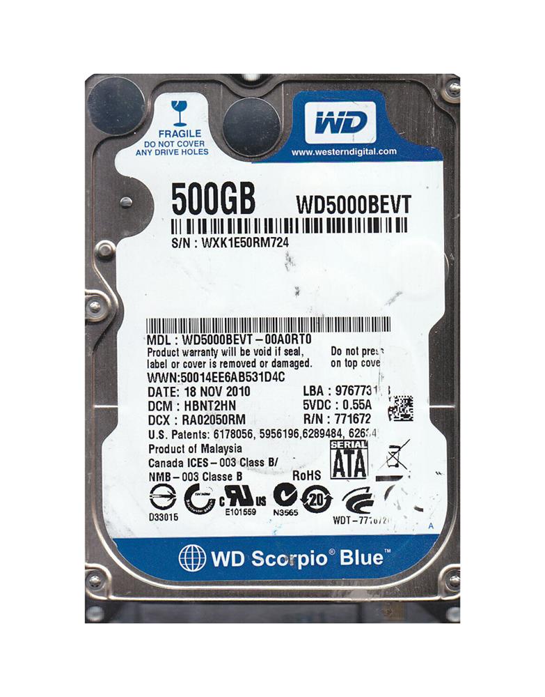WD5000BEVT-00A0RT0 Western Digital Scorpio 500GB SATA 3.0 Gbps Hard Drive