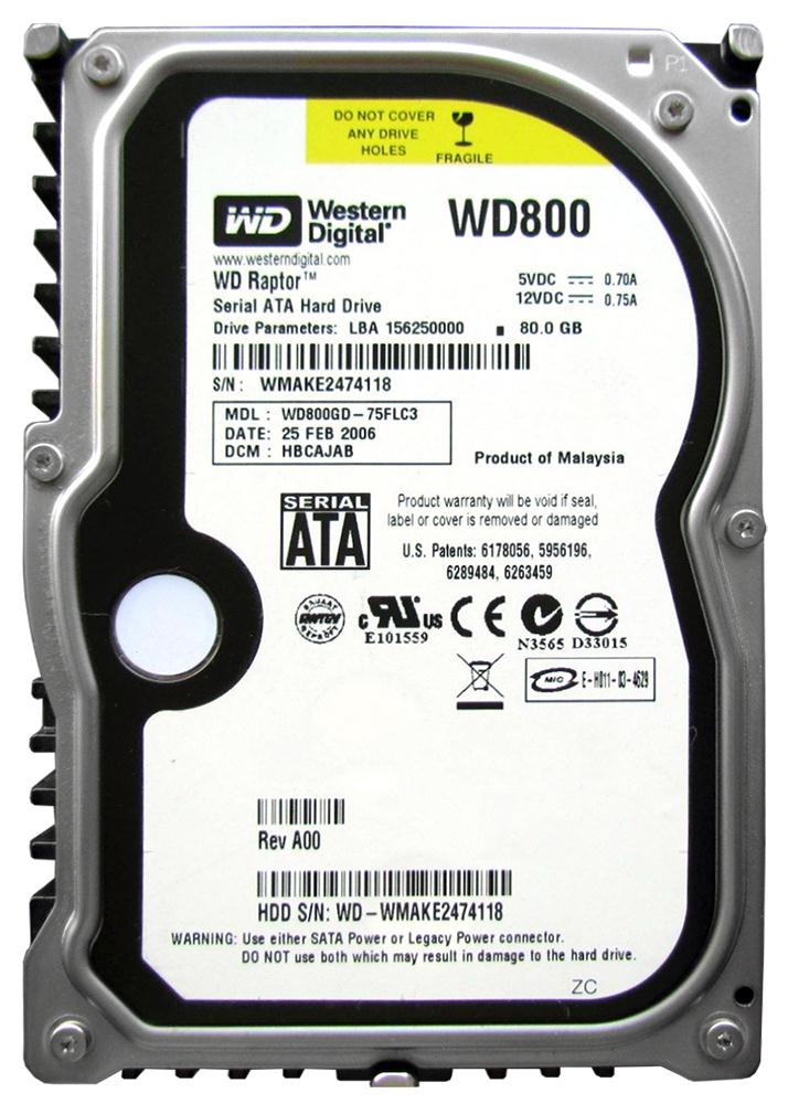 WD800GD-75FLC3 Western Digital Raptor 80GB SATA 1.5 Gbps Hard Drive